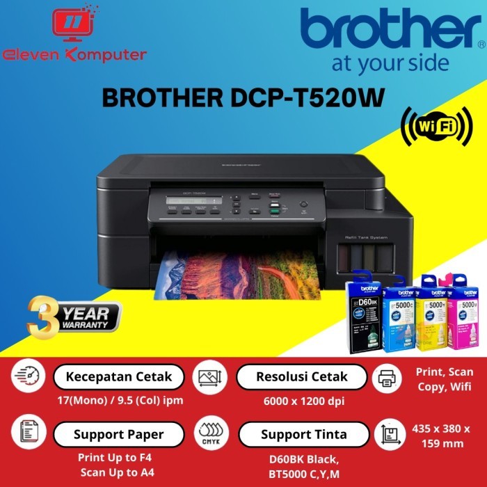 Jual PRINT-SCAN-COPY-WIFI-LCD Brother DCP-T520W Ink Tank Printer T520W ...