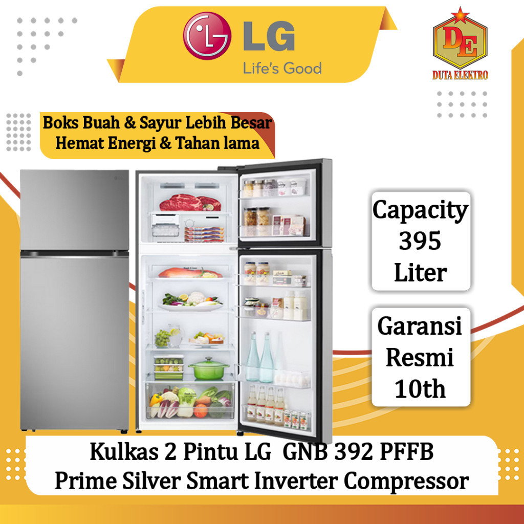 Jual Kulkas 2 Pintu LG GNB 392 PFFB Prime Silver Smart Inverter Compressor | Shopee Indonesia