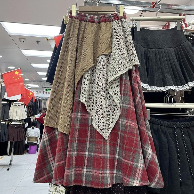 Jual Rok Midi Kotak-kotak Perca untuk Wanita, Rok Midi Elastis untuk ...