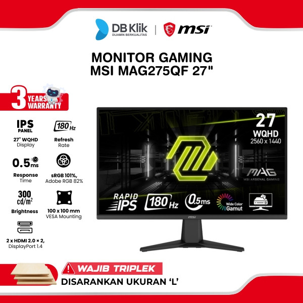 Jual MSI LED Monitor Gaming MAG 275QF 27" IPS WQHD 180Hz 0.5ms Adaptive Sync HDR HDMI DP ...
