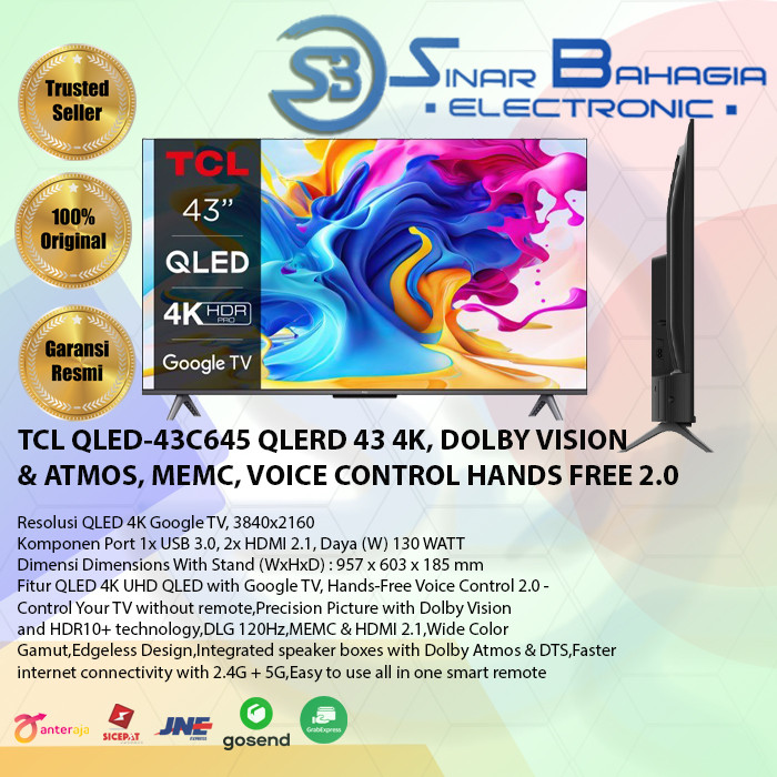 Jual TCL QLED-43C645 QLED 43 4K, DOLBY VISION & ATMOS, MEMC, VOICE CONTROL HANDS FREE 2.0 (NEW ...