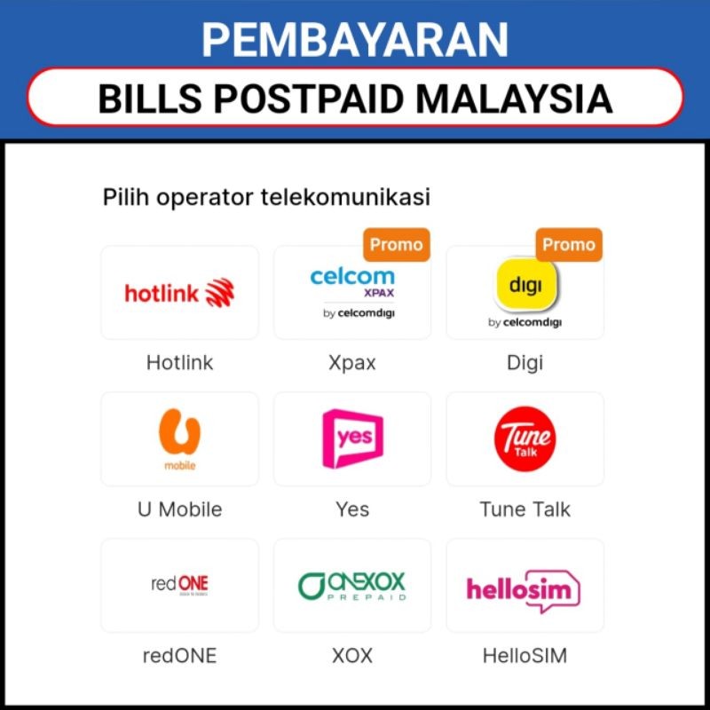 Jual Pembayaran Tagihan Bills Postpaid Malaysia Maxis Celcom Digi Umobile redONE Yes xox JomPAY ...