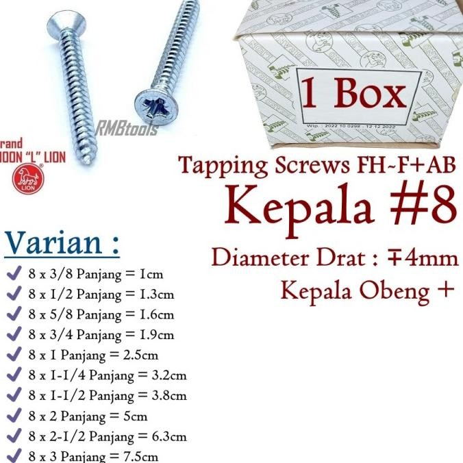 Jual 1Dus Sekrup Tapping Screw Fh 8 Moon Lion Kayu Tembok Alumunium F ...