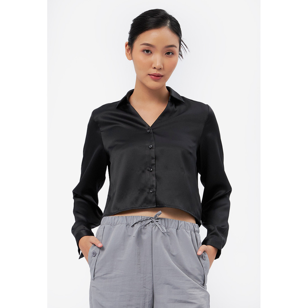 Jual COLORBOX V-Neck Collar Long Sleeve Shirt Black | Shopee Indonesia