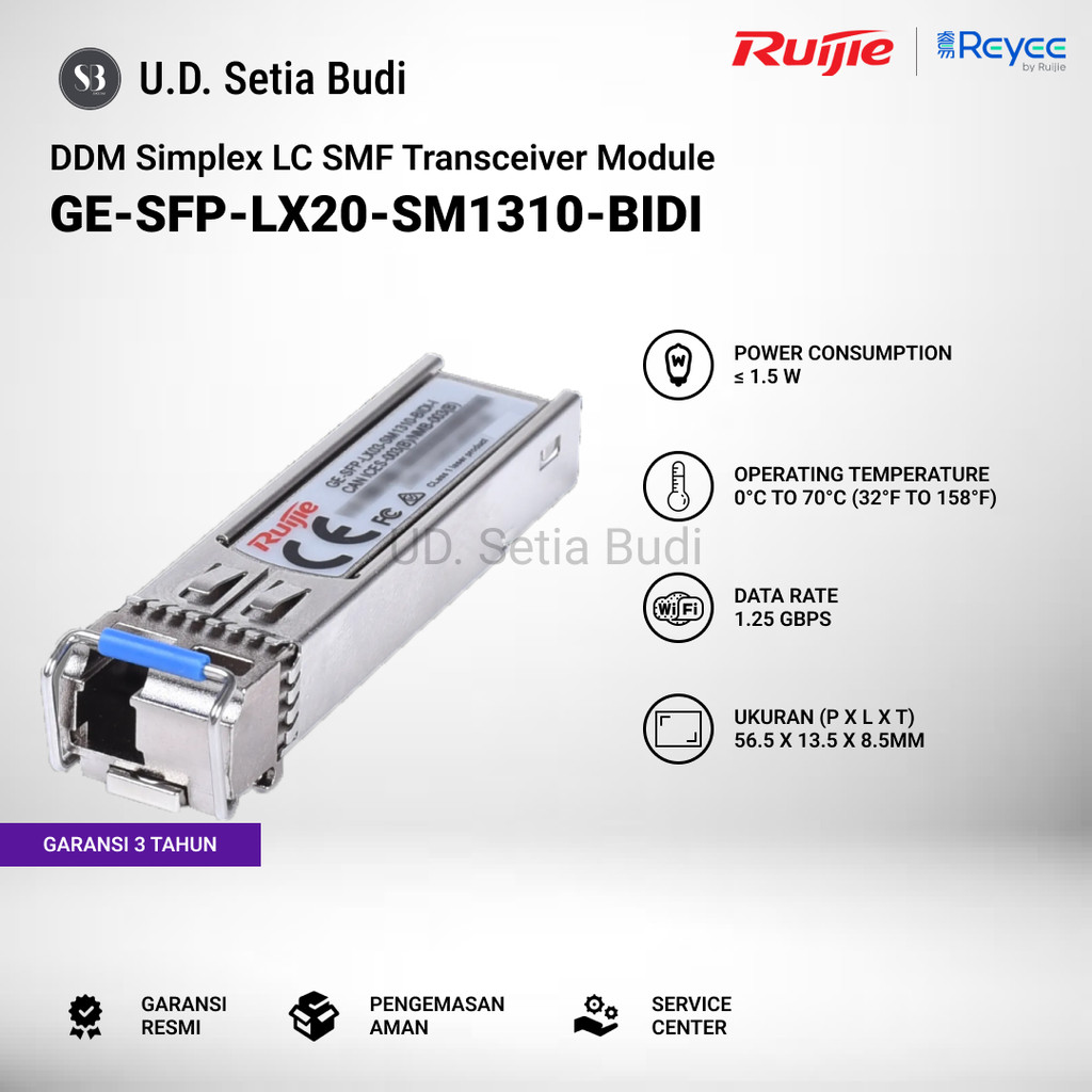 Jual Ruijie Reyee GE-SFP-LX20-SM1310-BIDI 1000BASE-LX SFP 1310nm-TX/1550nm-RX 20-km DDM Simplex ...