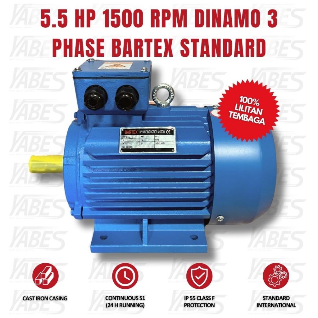 Jual BARTEX Dinamo 3 Phase 380v 5,5 HP 3700 Watt 100% Lilitan Tembaga 1500RPM Body Cast Iron ...