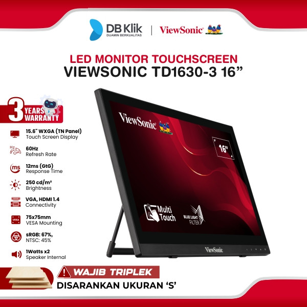 Jual VIEWSONIC LED Monitor Portable TD1630-3 16" IPS WXGA 60Hz 12ms ...