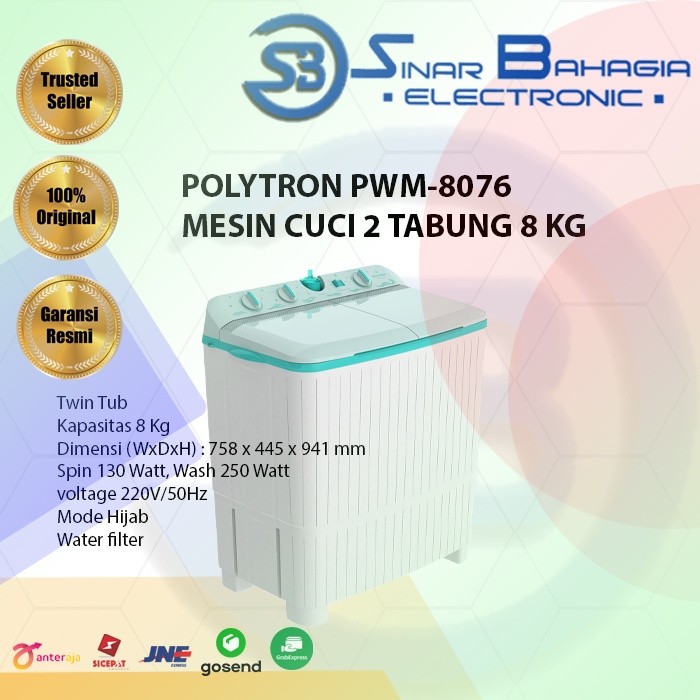 Jual POLYTRON PWM-8076 MESIN CUCI 2 TABUNG 8 KG (NEW) (KHUSUS BANDUNG ...