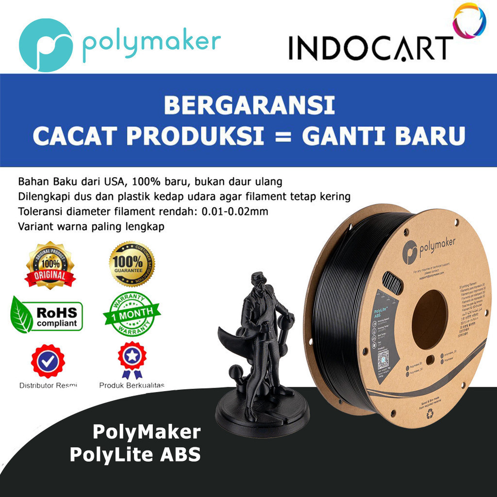 Jual IndoCart 3D Printer Filament PolyMaker PolyLite ABS 1.75mm 1kg | Shopee Indonesia