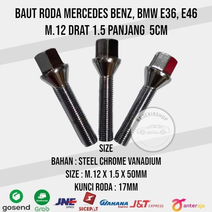 Jual baut roda mercy, bmw, vw, mazda panjang 50mm m.12 bolt nut ...