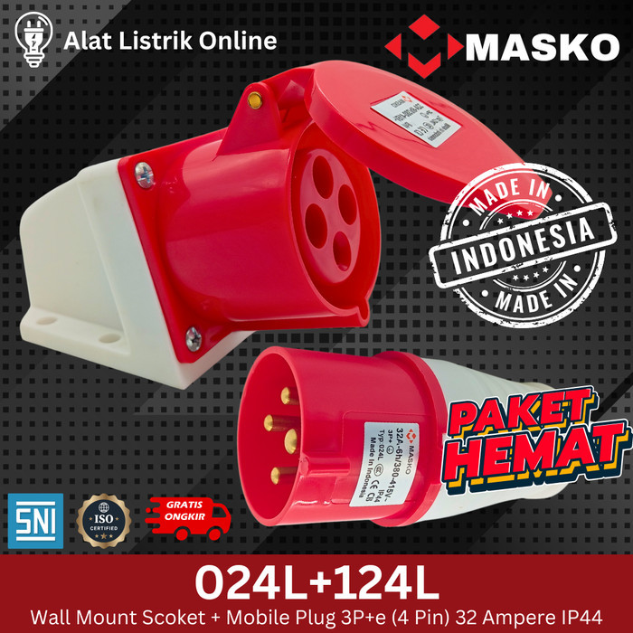 Jual Masko Industrial Plug & Wallmount Socket 4 Pin 32 Ampere 3P+E 32A ...
