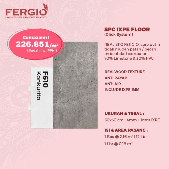 Jual FERGIO Lite IXPE SPC 5mm Flooring Lantai Kayu SPC foam F610 Konkurito | Shopee Indonesia