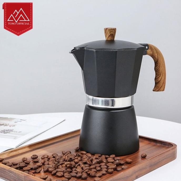 Jual BLACK MOKA POT ALUMINIUM WOOD HANDLE COFFEE ESPRESSO MAKER MOKAPOT ...