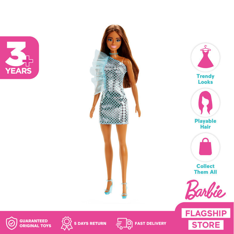 Jual Barbie Brunette in Blue Metallic Mini Dress - Mainan Boneka Anak ...