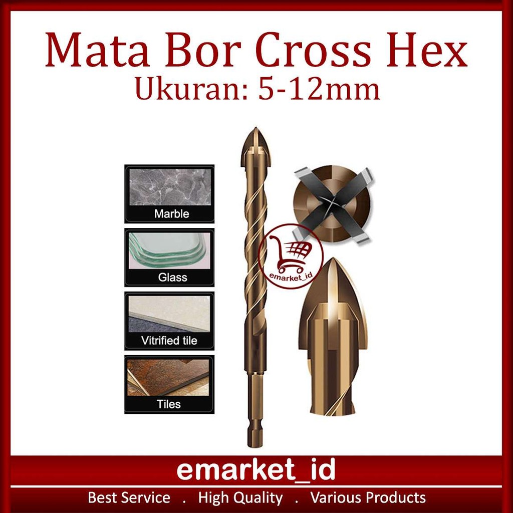 Jual EM Mata Bor Putar Cross Hex 5-12mm AI58 / Beton Kaca Keramik Ubin ...