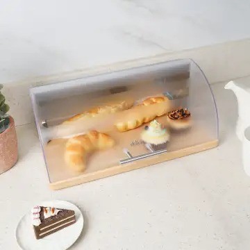 Jual Tempat Roti Transparan Tawar Bread Box Alas Kayu Tutup Plastik ...