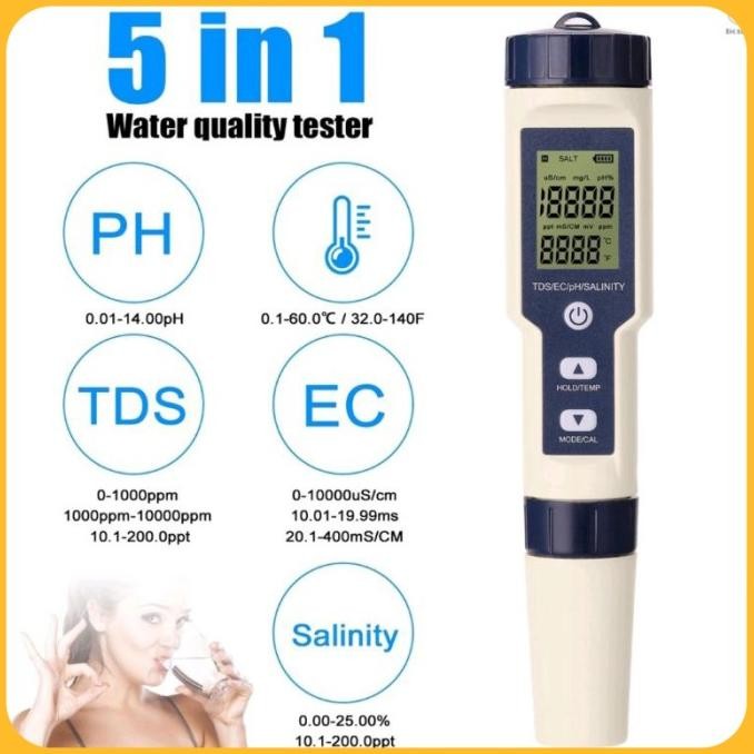 Jual Alat Tes Ph Ec Tds Salinitas Termometer 5 In 1 Pengukur Pengujian ...