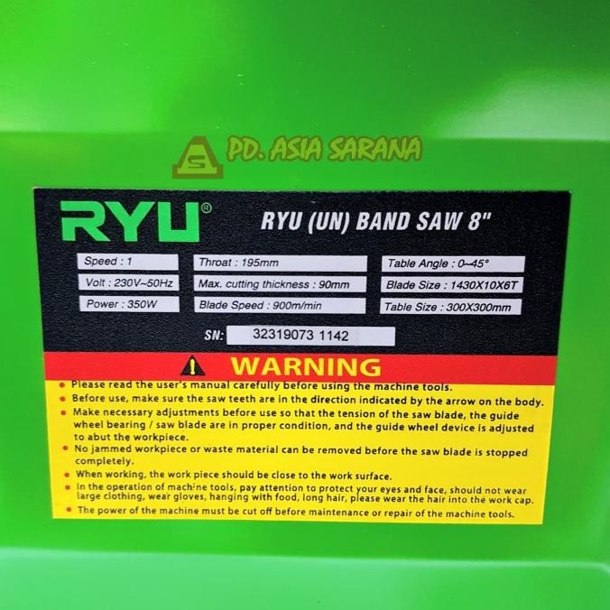 Jual Mesin Band Saw 8" Ryu Rbs 8 / Bandsaw Gergaji Pita Duduk 8 Inch ...