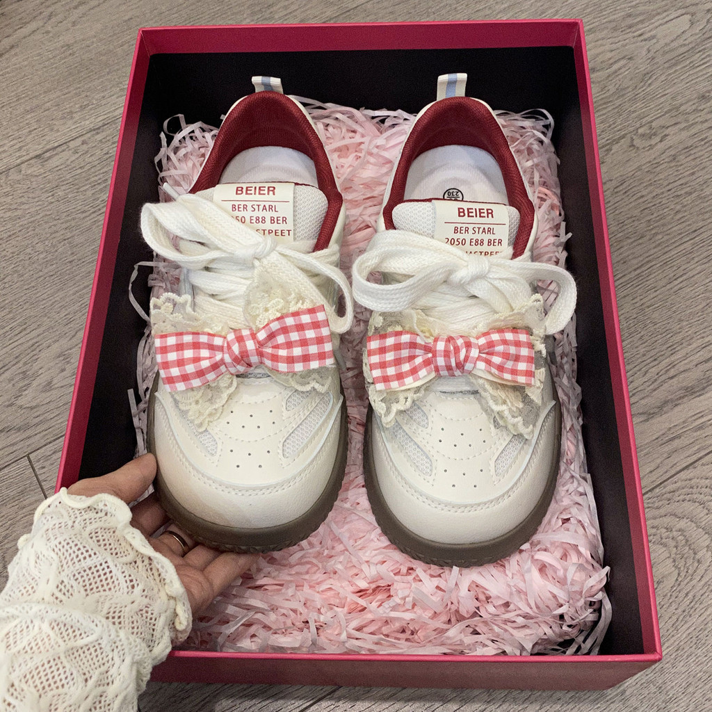 Jual [Kue ceri] Sepatu putih pita renda gaya baru 2024 sepatu sol tebal ...