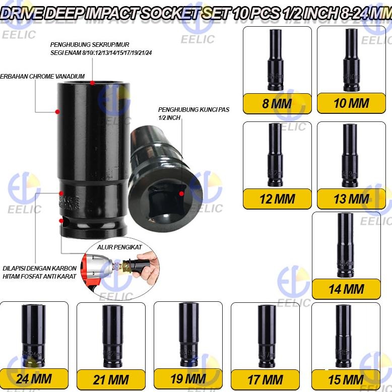 Jual EELIC DIS-8S24MM Drive Deep Impact Socket Set isi 10 Pcs 1/2 Inch ...