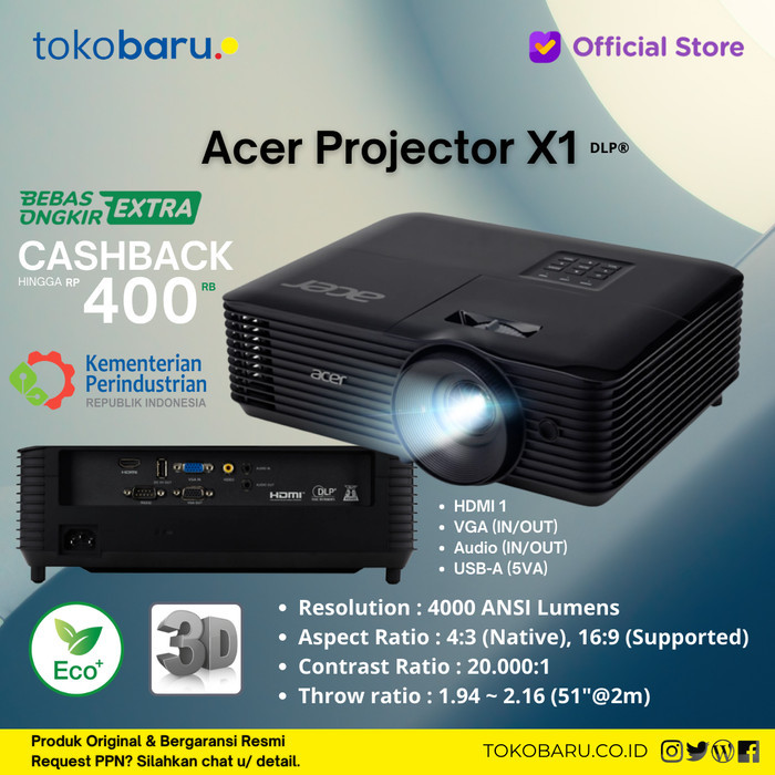 Jual Acer projector X1 DLP XGA 4000 Lumens TKDN garansi resmi | Shopee ...