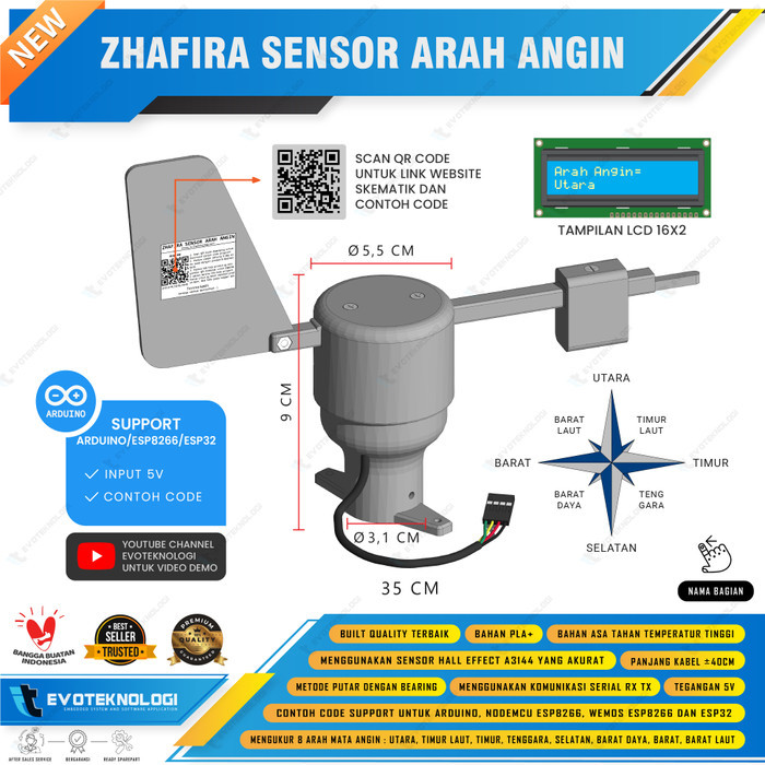 Jual BISA GOSEND! ZHAFIRA SENSOR ARAH ANGIN WIND DIRECTION SUPPORT ARDUINO ESP32 NODEMCU ...