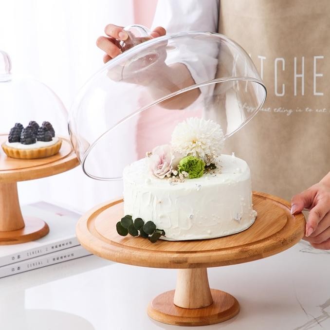 Jual Tempat Kue Round Wooden Cake Stand with Glass Dome Cover Cake ...