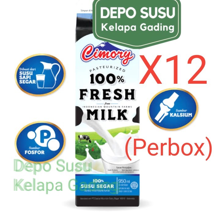 Jual Susu Cimory 100% Fresh Milk 950ml X12 ( Perkarton ) Pasteurisasi Sapi Segar 950 ml isi 12 ...