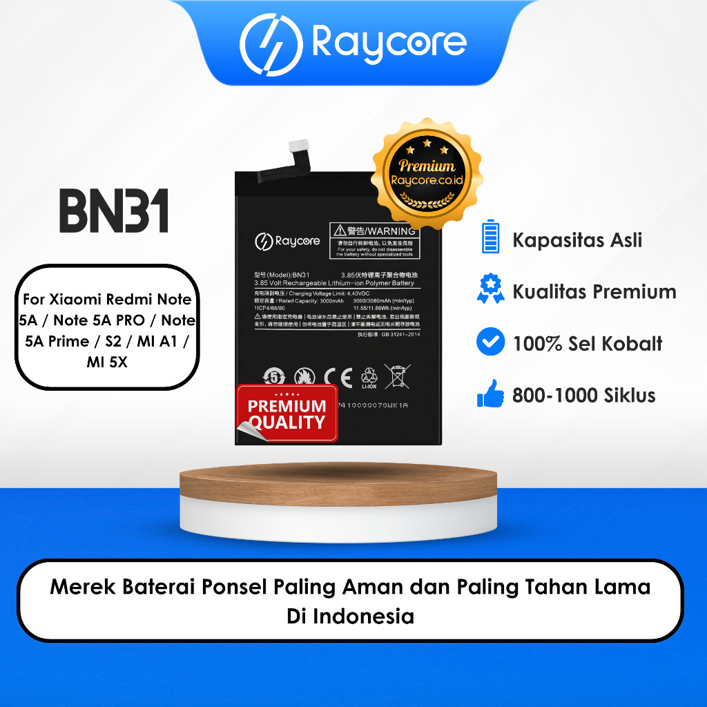 Jual Raycore - Baterai BN31 FOR XIAOMI REDMI NOTE 5A / NOTE 5A PRO / NOTE 5A PRIME / S2 / MI A1 ...