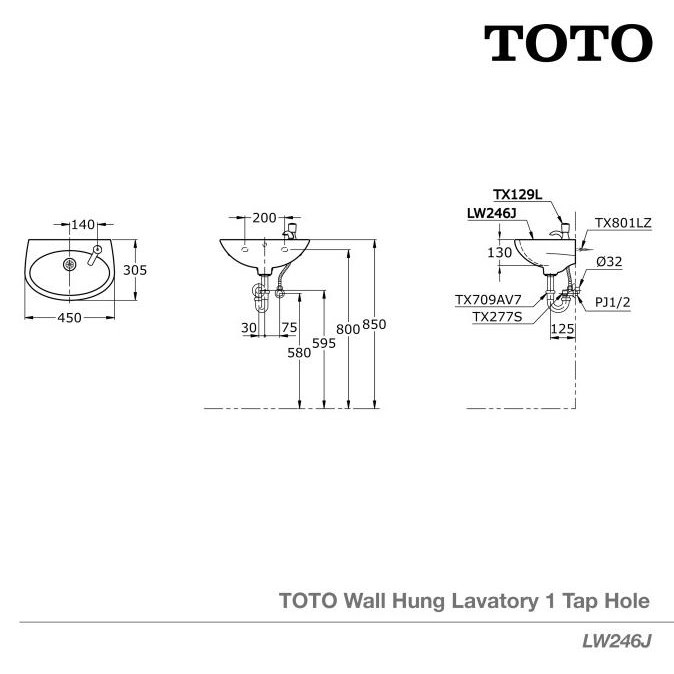 Jual TOTO Wall Hung Lavatory 1 Tap Hole / Wastafel LW246J BS81 | Shopee ...