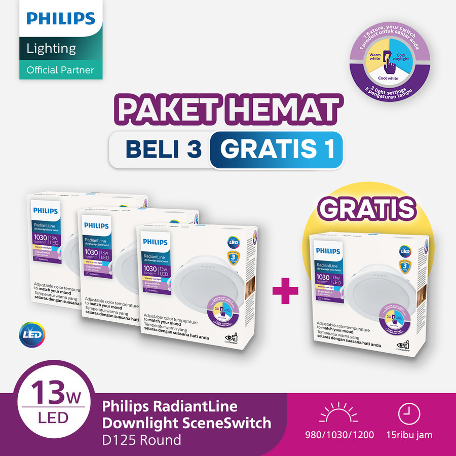 Jual Philips Beli 3 Gratis 1 Downlight 3 Warna Radiantline Scene Switch 13W D125 | Shopee Indonesia