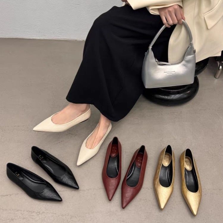 Jual Sepatu Pump Datar Wanita Gaya Klasik Prancis, Sepatu Kulit Emas ...