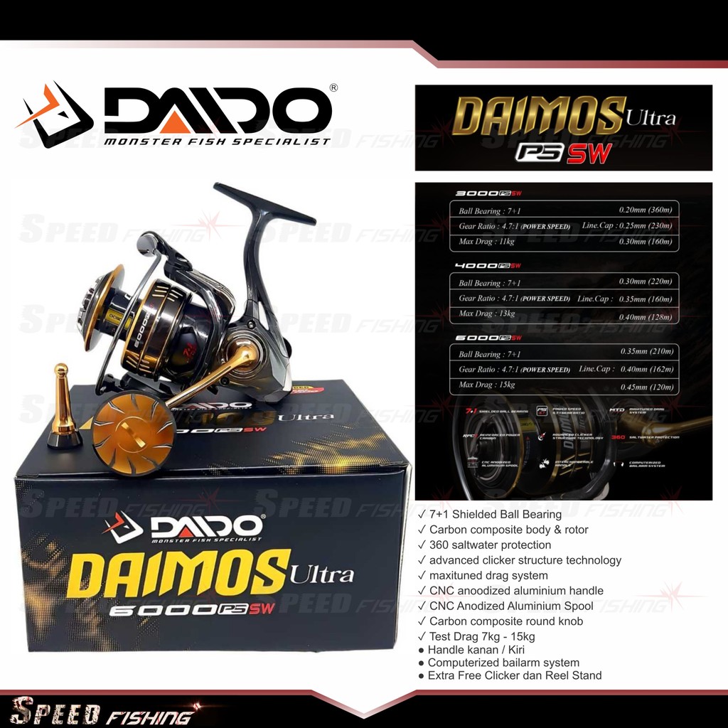 Jual Reel Pancing Daido Daimos Ultra PS SW Power Handle Free Reel Stand ...