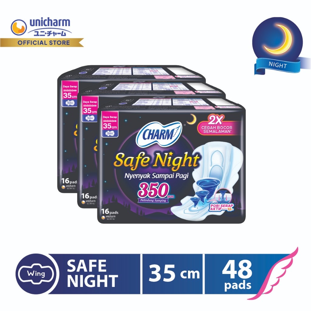 Jual Charm Pembalut Safe Night 35cm Gather 16 pads - 3 Packs | Shopee ...