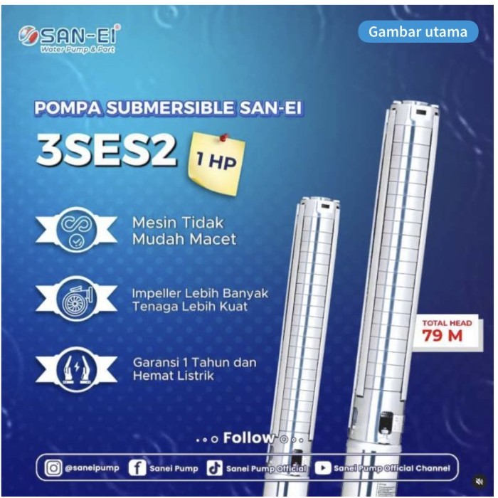 Jual Pompa Air Satelit SAN EI 3 INCH 1 HP STAINLESS KOMPLIT KABEL BIRU 3SES2/20 | Shopee Indonesia