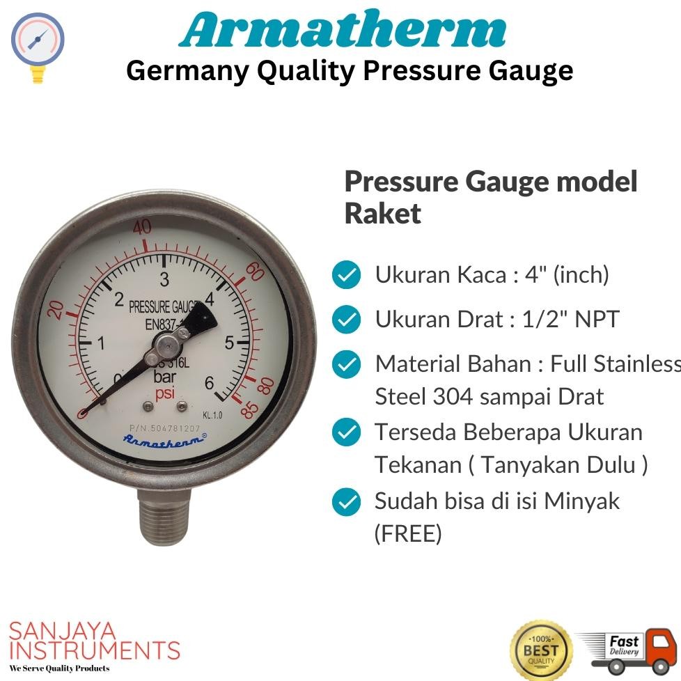 Jual Spiro Armatherm Pressure Gauge 4" Inch 6 - 1 Bar Drat 1/2 Raket ...