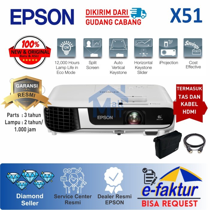 Jual PROYEKTOR EPSON EB-X51 EBX51 EB X51 PENGGANTI EB X450 XGA 3800 Lumens | Shopee Indonesia