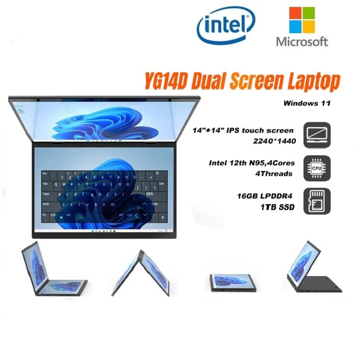 Jual Laptop Dual Screen 14+14 Inch 2K Touch Screen Notebook 16GB Intel ...