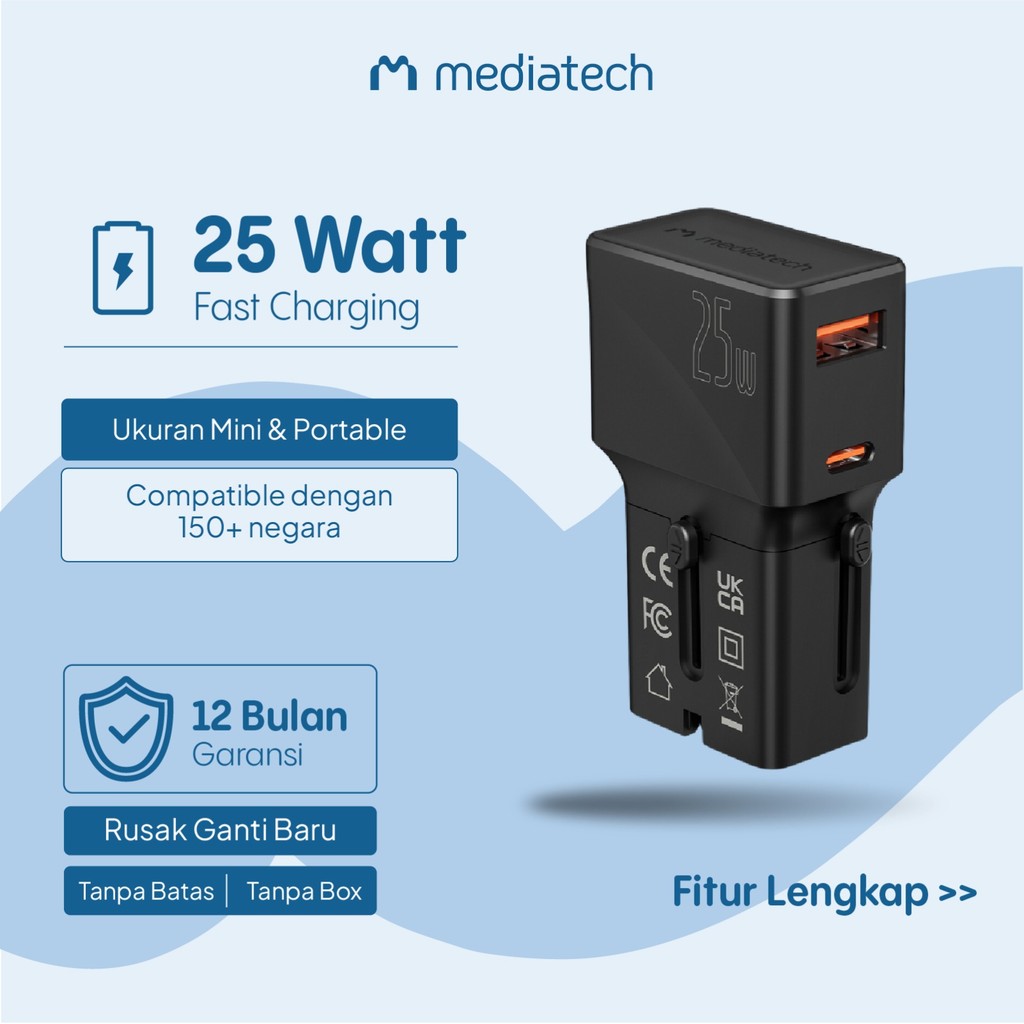 Jual Mediatech Mini Universal Travel Adaptor MT-808 25 Watt / Pocket ...
