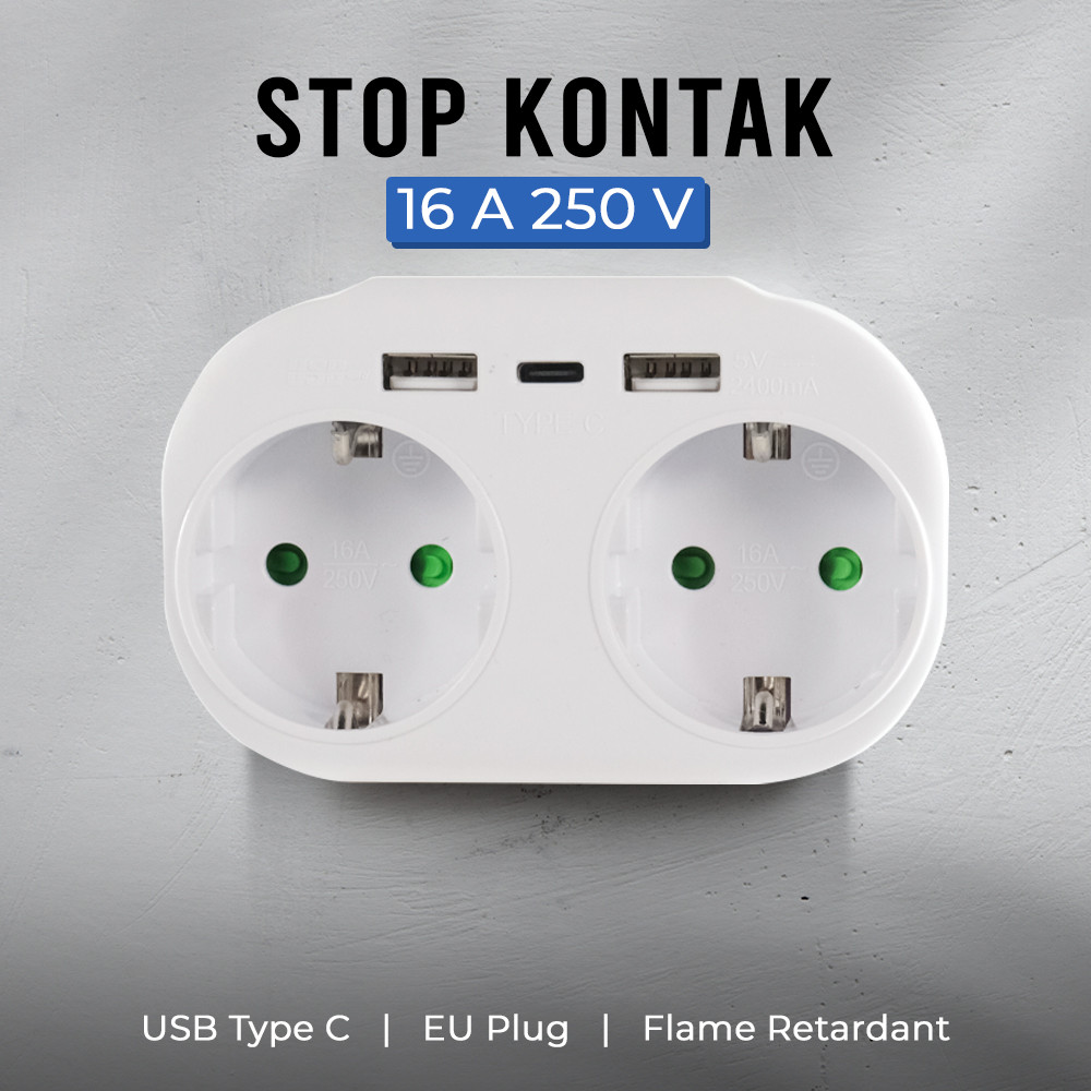 Jual Stop Kontak USB Type C EU Plug Flame Retardant 16A 250V - DF1 - White | Shopee Indonesia