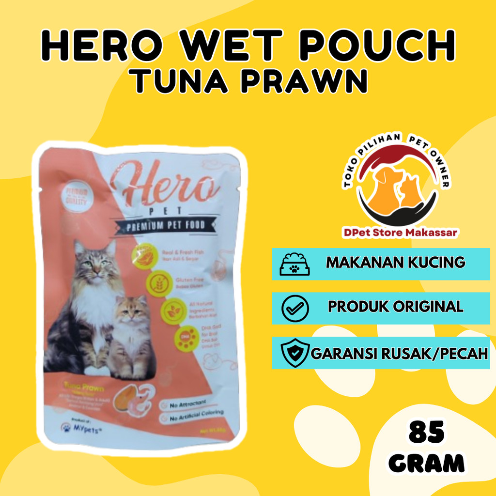 Jual Hero Prem. Pouch Tuna Prawn for Kitten & Adult 85gr Makanan Kucing ...