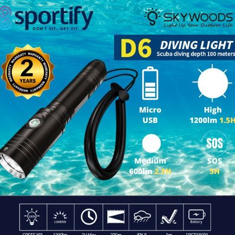 Jual Skywood D6 Diving Flashlight/Senter Selam Underwater 100M IPX8 ...