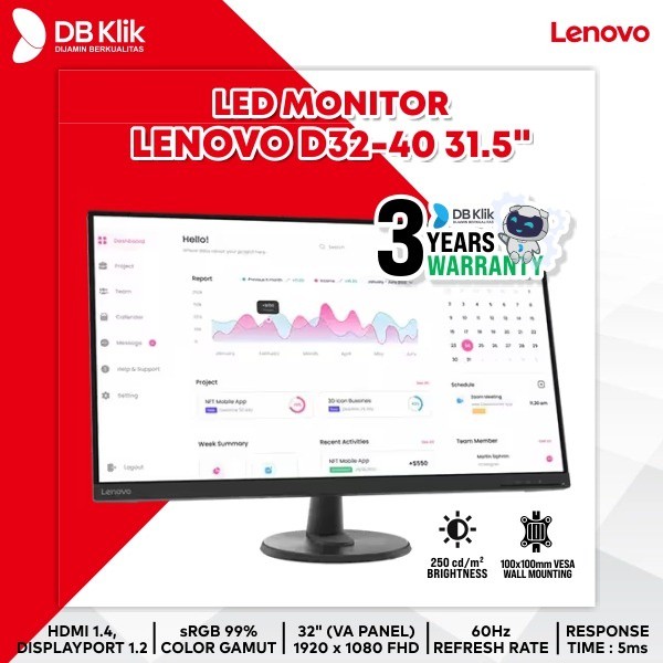 Jual LENOVO LED Monitor D32-40 32" VA FHD 60Hz 5ms HMDI DP | Shopee Indonesia