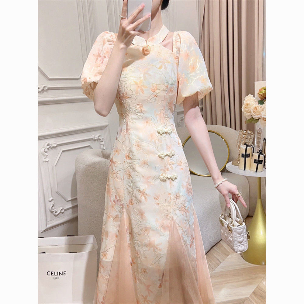 Jual Improved Cheongsam Floral Dress Women's French Style Beautiful ...