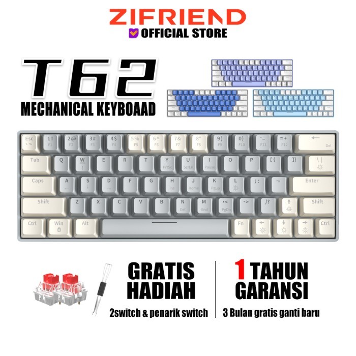 Jual ZIFRIEND T62 Mechanical Keyboard 63Keys 60% Layout Blue Red Switch RGB Backlit Hotswap ...