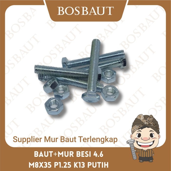 Jual Baut Mur Besi M8x35 Putih (Kunci 13) | Shopee Indonesia
