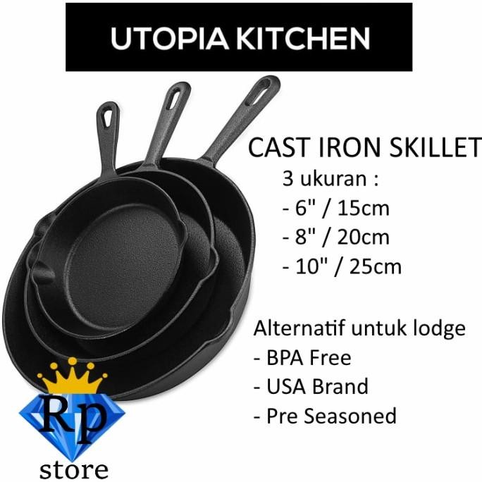 Jual Utopia Kitchen Cast Iron Skillet Pan Grill 6/8/10/12 Inch Pre Seasoned | Shopee Indonesia