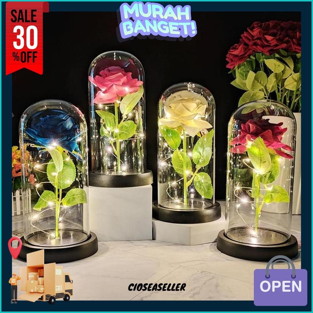 Jual Lampu Led Bunga Mawar Dekorasi Rose Glass Dome Beauty And The ...