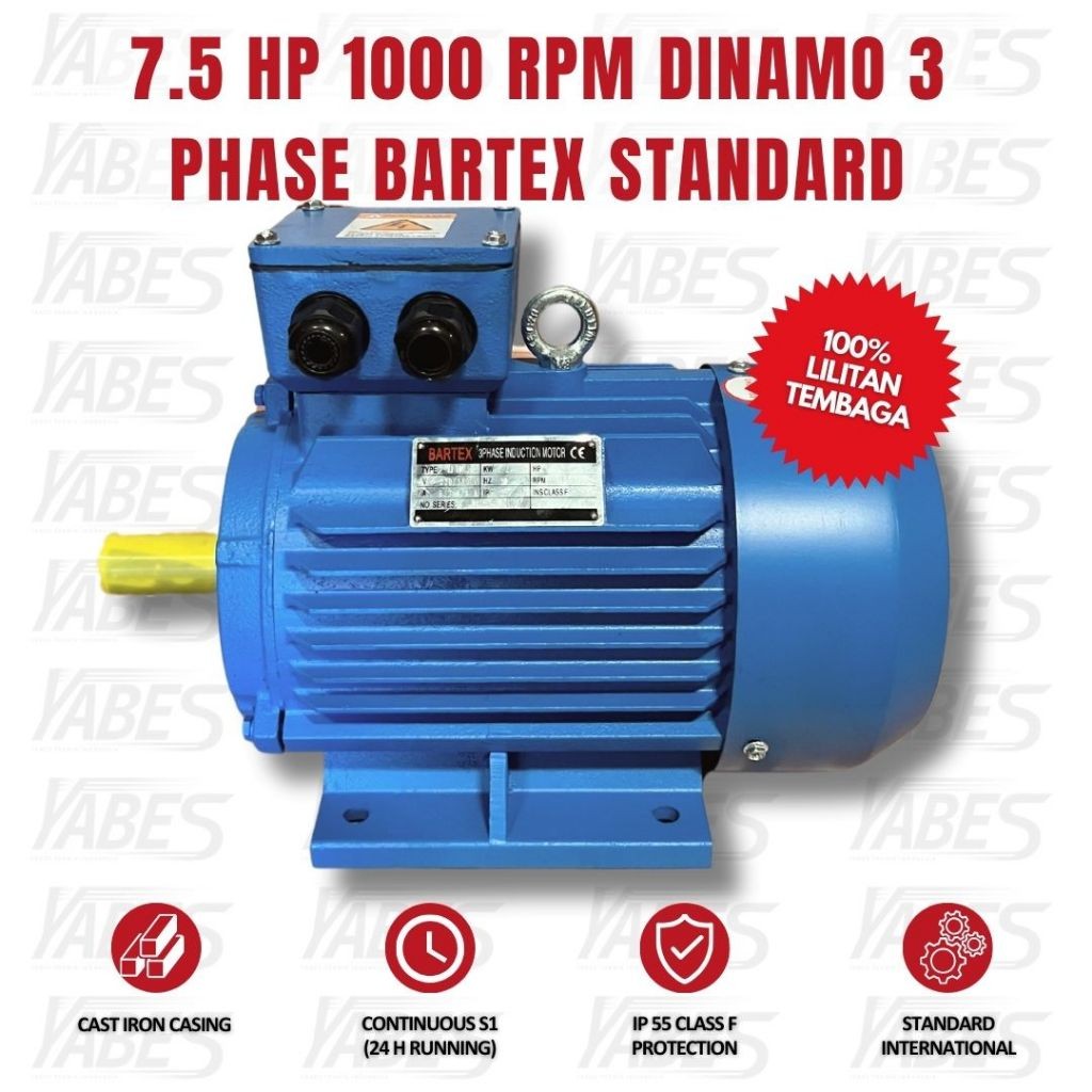 Jual BARTEX Dinamo 3 Phase 380v 7.5 HP 100% Lilitan Tembaga 1000 RPM Body Cast Iron Elektromotor ...