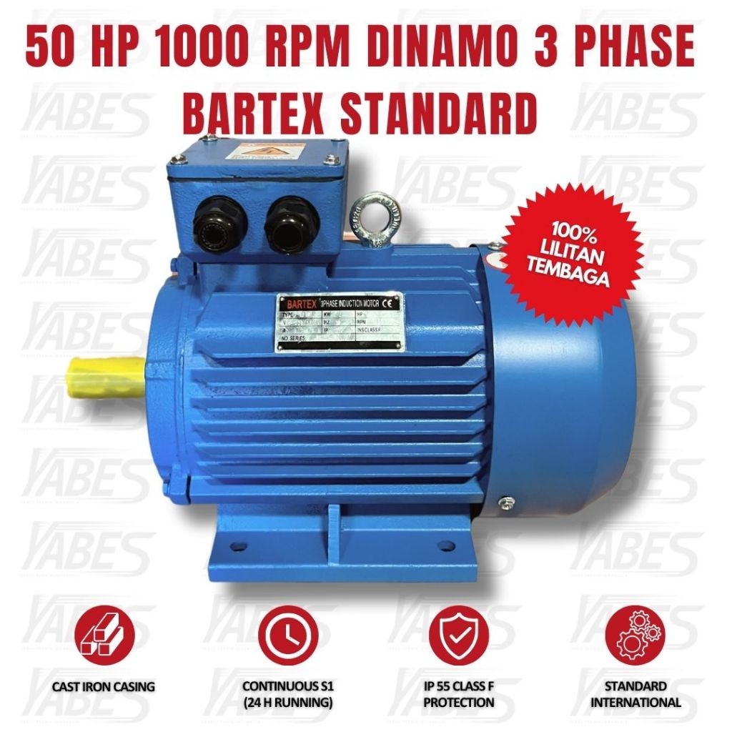 Jual BARTEX Dinamo 3 Phase 380v 50 HP 37000 Watt 100% Lilitan Tembaga 1000 RPM Body Cast Iron ...